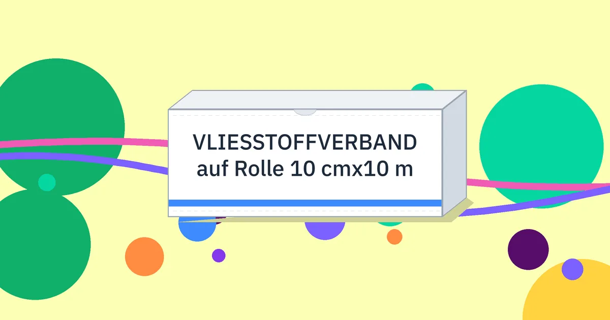 Symbolbild: Packung mit der Aufschrift VLIESSTOFFVERBAND auf Rolle 10 cmx10 m (PZN 18260138) – Verfügbarkeit und Bezug in Apotheken in Frankfurt am Main