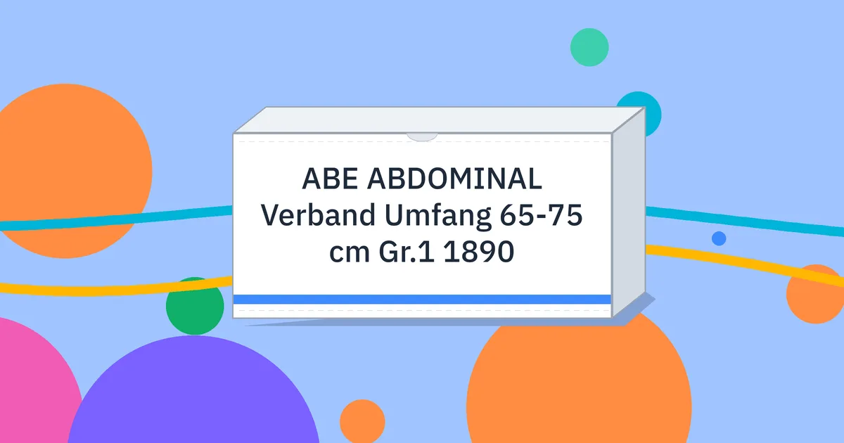 Symbolbild: Packung mit der Aufschrift ABE ABDOMINAL Verband Umfang 65-75 cm Gr.1 1890 (PZN 01363727) – Verfügbarkeit und Bezug in Apotheken in Frankfurt am Main