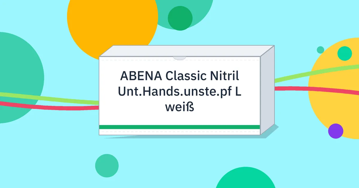 Symbolbild: Packung mit der Aufschrift ABENA Classic Nitril Unt.Hands.unste.pf L weiß (PZN 12519670) – Verfügbarkeit und Bezug in Apotheken in Frankfurt am Main