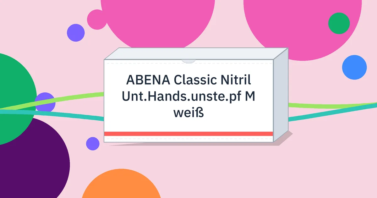 Symbolbild: Packung mit der Aufschrift ABENA Classic Nitril Unt.Hands.unste.pf M weiß (PZN 12519658) – Verfügbarkeit und Bezug in Apotheken in Frankfurt am Main