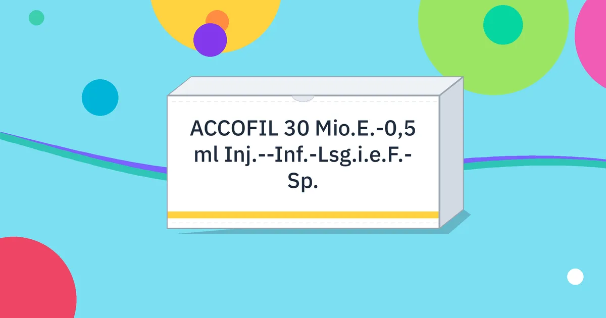 Symbolbild: Packung mit der Aufschrift ACCOFIL 30 Mio.E.-0,5 ml Inj.--Inf.-Lsg.i.e.F.-Sp. (PZN 12566971) – Verfügbarkeit und Bezug in Apotheken in Frankfurt am Main