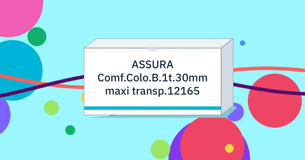 Symbolbild: Packung mit der Aufschrift ASSURA Comf.Colo.B.1t.30mm maxi transp.12165 (PZN 00892978) – Verfügbarkeit und Bezug in Apotheken in Frankfurt am Main