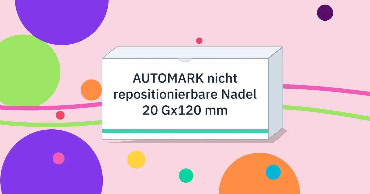 Symbolbild: Packung mit der Aufschrift AUTOMARK nicht repositionierbare Nadel 20 Gx120 mm (PZN 19736784) – Verfügbarkeit und Bezug in Apotheken in Frankfurt am Main