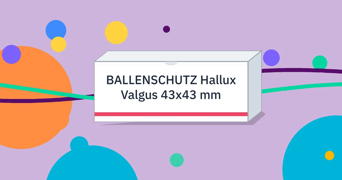 Symbolbild: Packung mit der Aufschrift BALLENSCHUTZ Hallux Valgus 43x43 mm (PZN 16618512) – Verfügbarkeit und Bezug in Apotheken in Frankfurt am Main