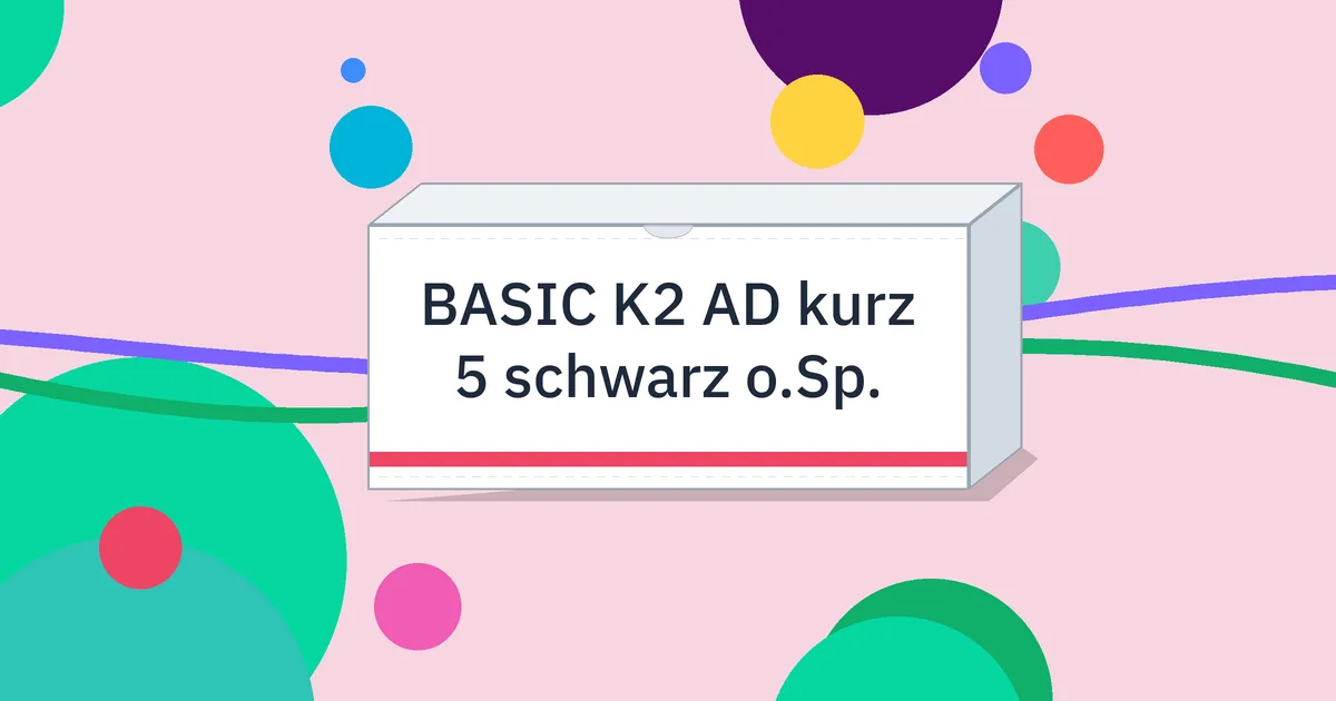 Symbolbild: Packung mit der Aufschrift BASIC K2 AD kurz 5 schwarz o.Sp. (PZN 20265189) – Verfügbarkeit und Bezug in Apotheken in Frankfurt am Main