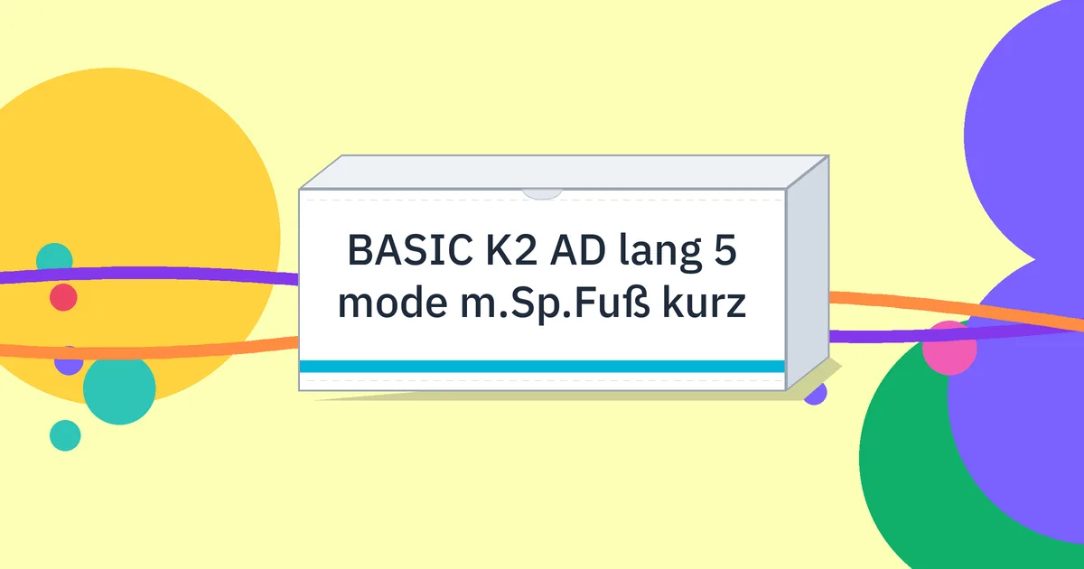 Symbolbild: Packung mit der Aufschrift BASIC K2 AD lang 5 mode m.Sp.Fuß kurz (PZN 20265462) – Verfügbarkeit und Bezug in Apotheken in Frankfurt am Main