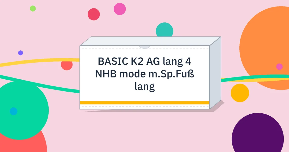 Symbolbild: Packung mit der Aufschrift BASIC K2 AG lang 4 NHB mode m.Sp.Fuß lang (PZN 20267685) – Verfügbarkeit und Bezug in Apotheken in Frankfurt am Main