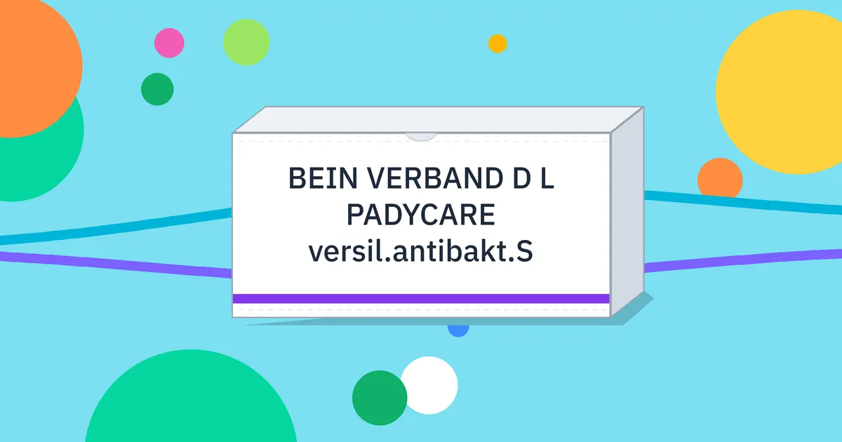 Symbolbild: Packung mit der Aufschrift BEIN VERBAND D L PADYCARE versil.antibakt.S (PZN 10938954) – Verfügbarkeit und Bezug in Apotheken in Frankfurt am Main