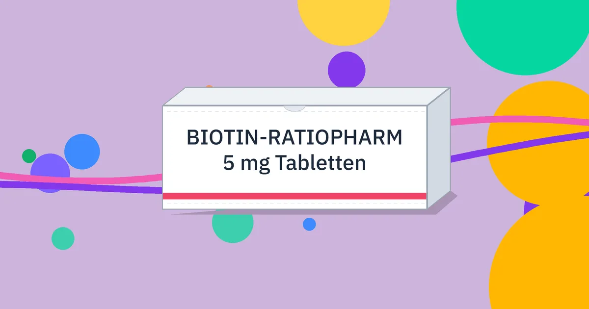 Symbolbild: Packung mit der Aufschrift BIOTIN-RATIOPHARM 5 mg Tabletten (PZN 03627892) – Verfügbarkeit und Bezug in Apotheken in Frankfurt am Main