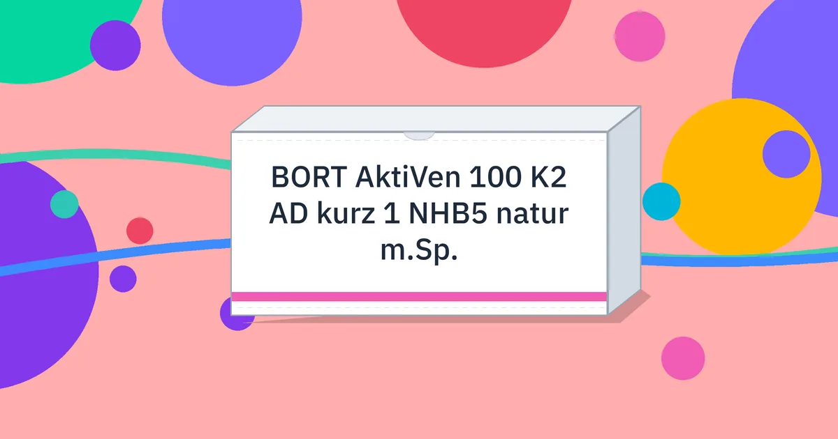 Symbolbild: Packung mit der Aufschrift BORT AktiVen 100 K2 AD kurz 1 NHB5 natur m.Sp. (PZN 17494029) – Verfügbarkeit und Bezug in Apotheken in Frankfurt am Main