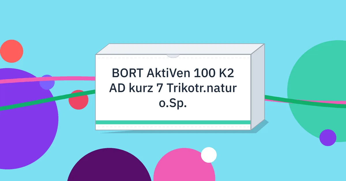 Symbolbild: Packung mit der Aufschrift BORT AktiVen 100 K2 AD kurz 7 Trikotr.natur o.Sp. (PZN 13726425) – Verfügbarkeit und Bezug in Apotheken in Frankfurt am Main