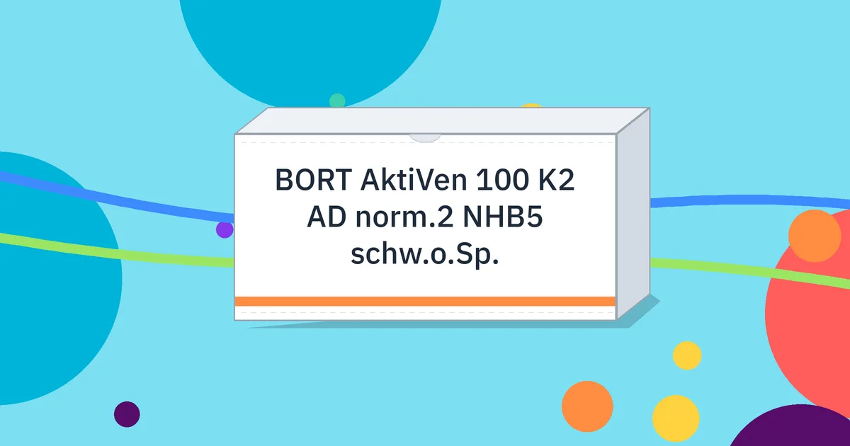 Symbolbild: Packung mit der Aufschrift BORT AktiVen 100 K2 AD norm.2 NHB5 schw.o.Sp. (PZN 17496838) – Verfügbarkeit und Bezug in Apotheken in Frankfurt am Main
