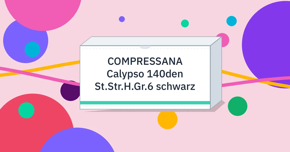 Symbolbild: Packung mit der Aufschrift COMPRESSANA Calypso 140den St.Str.H.Gr.6 schwarz (PZN 07720393) – Verfügbarkeit und Bezug in Apotheken in Frankfurt am Main