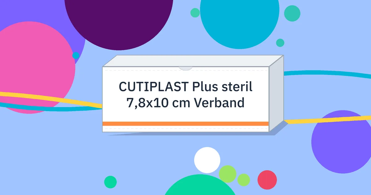 Symbolbild: Packung mit der Aufschrift CUTIPLAST Plus steril 7,8x10 cm Verband (PZN 17434079) – Verfügbarkeit und Bezug in Apotheken in Frankfurt am Main
