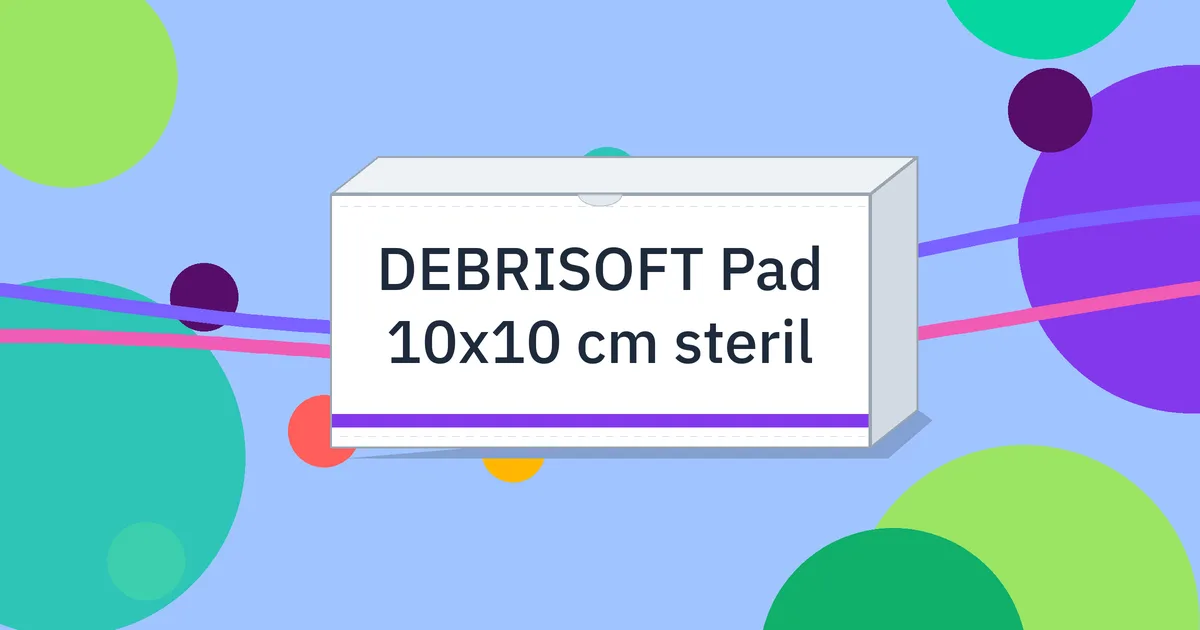 Symbolbild: Packung mit der Aufschrift DEBRISOFT Pad 10x10 cm steril (PZN 16833274) – Verfügbarkeit und Bezug in Apotheken in Frankfurt am Main