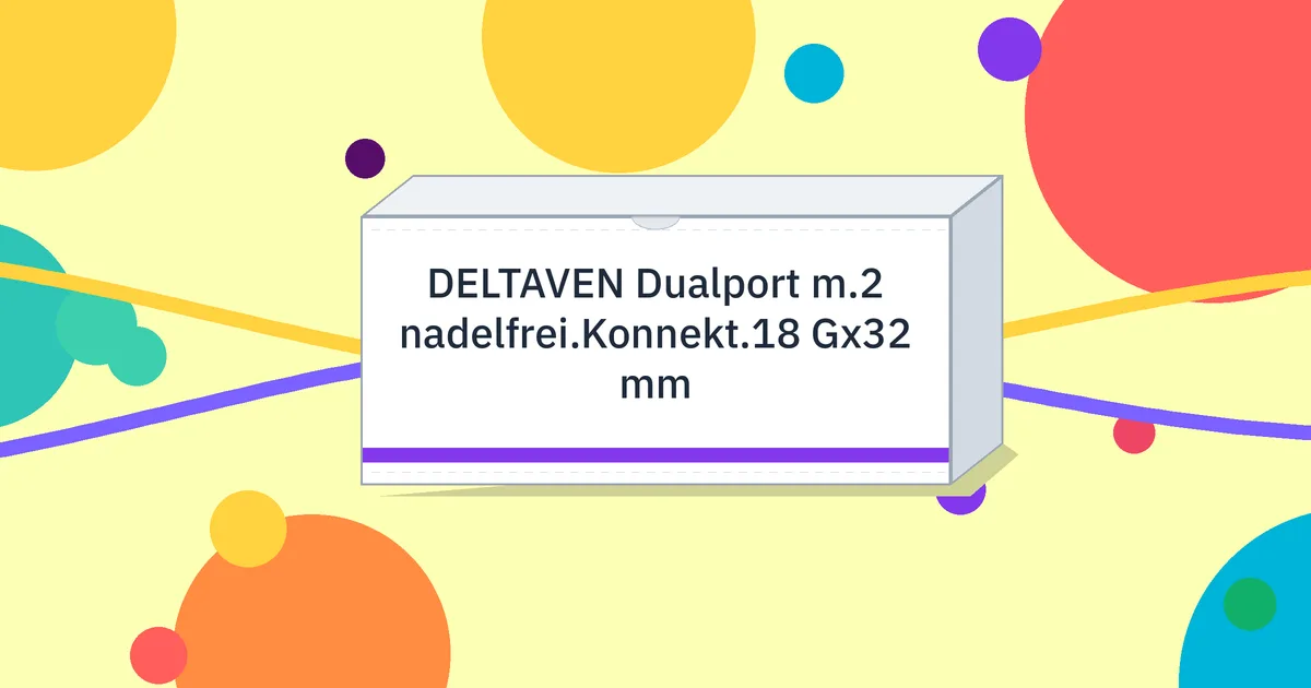 Symbolbild: Packung mit der Aufschrift DELTAVEN Dualport m.2 nadelfrei.Konnekt.18 Gx32 mm (PZN 20365459) – Verfügbarkeit und Bezug in Apotheken in Frankfurt am Main