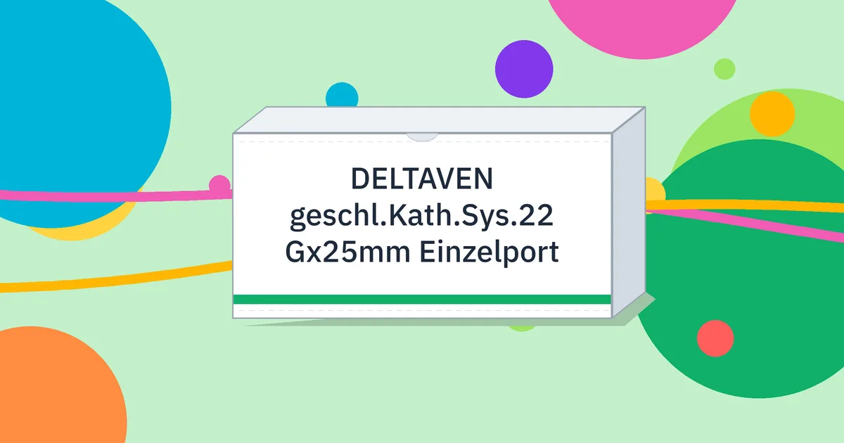 Symbolbild: Packung mit der Aufschrift DELTAVEN geschl.Kath.Sys.22 Gx25mm Einzelport (PZN 13977446) – Verfügbarkeit und Bezug in Apotheken in Frankfurt am Main