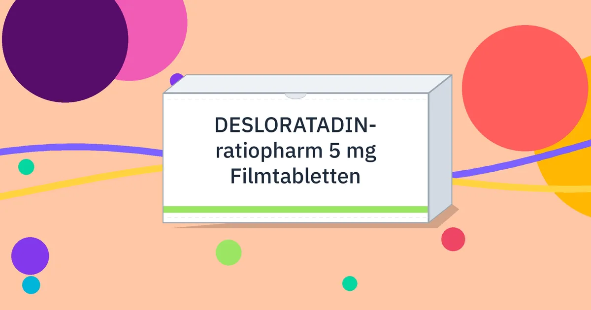 Symbolbild: Packung mit der Aufschrift DESLORATADIN-ratiopharm 5 mg Filmtabletten (PZN 15397606) – Verfügbarkeit und Bezug in Apotheken in Frankfurt am Main