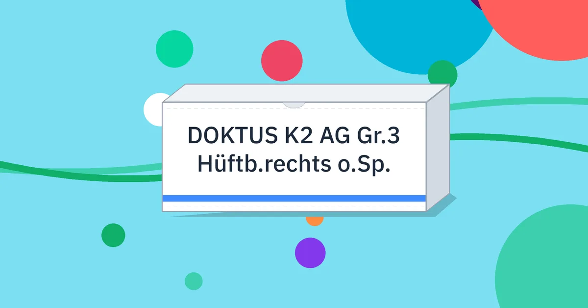 Symbolbild: Packung mit der Aufschrift DOKTUS K2 AG Gr.3 Hüftb.rechts o.Sp. (PZN 03311031) – Verfügbarkeit und Bezug in Apotheken in Frankfurt am Main