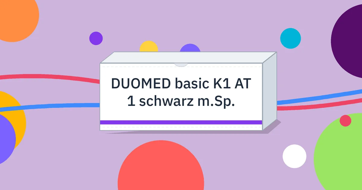 Symbolbild: Packung mit der Aufschrift DUOMED basic K1 AT 1 schwarz m.Sp. (PZN 20902756) – Verfügbarkeit und Bezug in Apotheken in Frankfurt am Main