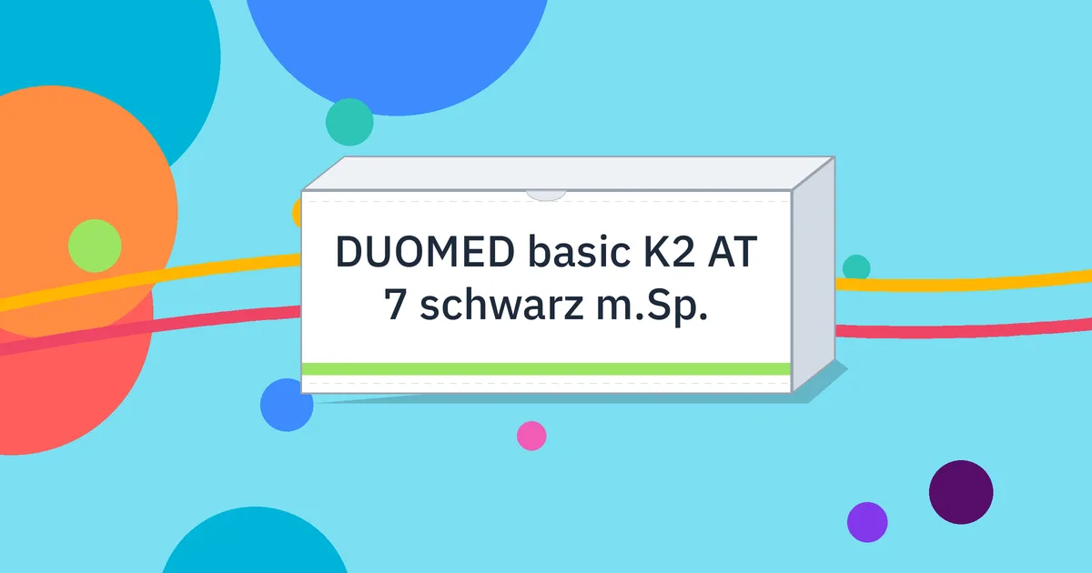 Symbolbild: Packung mit der Aufschrift DUOMED basic K2 AT 7 schwarz m.Sp. (PZN 20906234) – Verfügbarkeit und Bezug in Apotheken in Frankfurt am Main