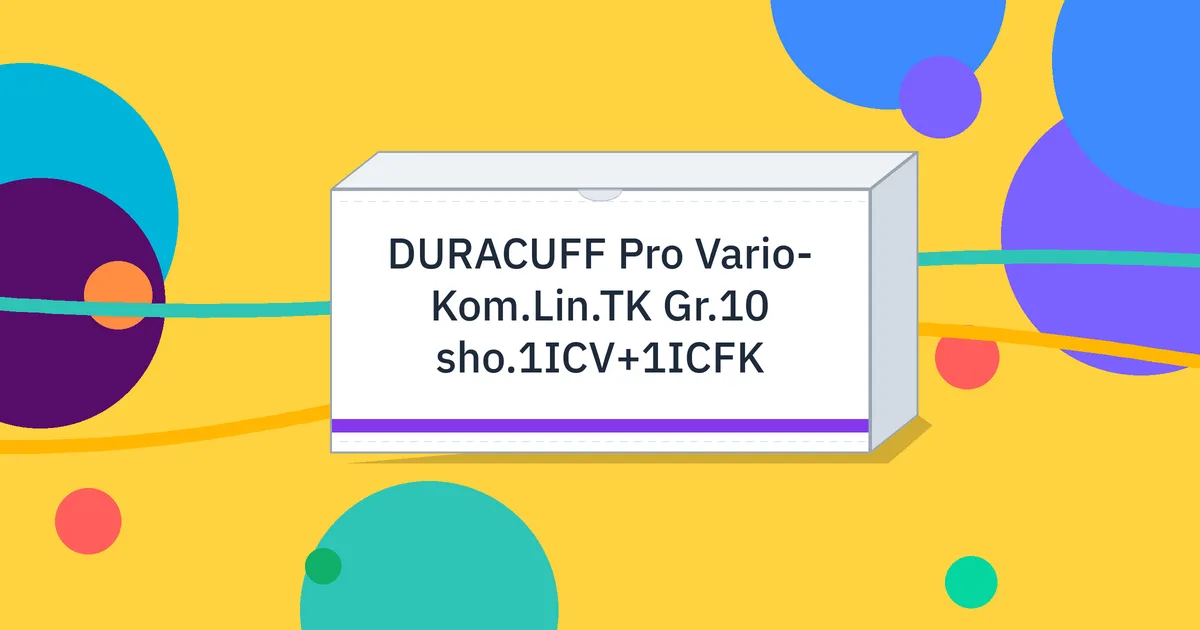Symbolbild: Packung mit der Aufschrift DURACUFF Pro Vario-Kom.Lin.TK Gr.10 sho.1ICV+1ICFK (PZN 19244756) – Verfügbarkeit und Bezug in Apotheken in Frankfurt am Main