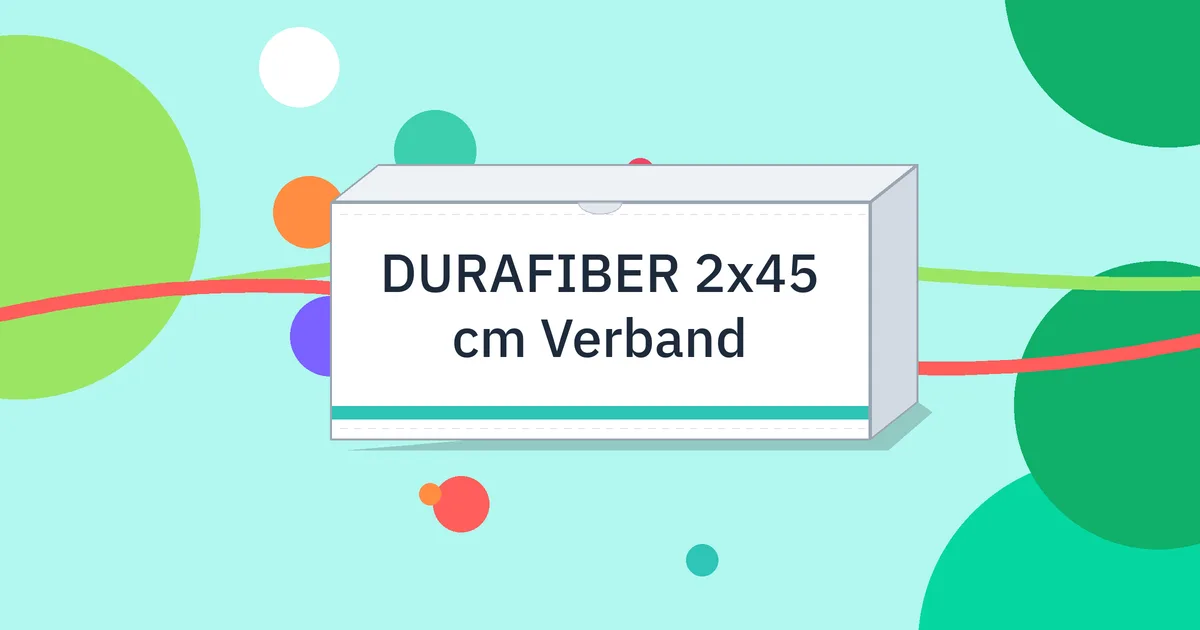 Symbolbild: Packung mit der Aufschrift DURAFIBER 2x45 cm Verband (PZN 13347780) – Verfügbarkeit und Bezug in Apotheken in Frankfurt am Main