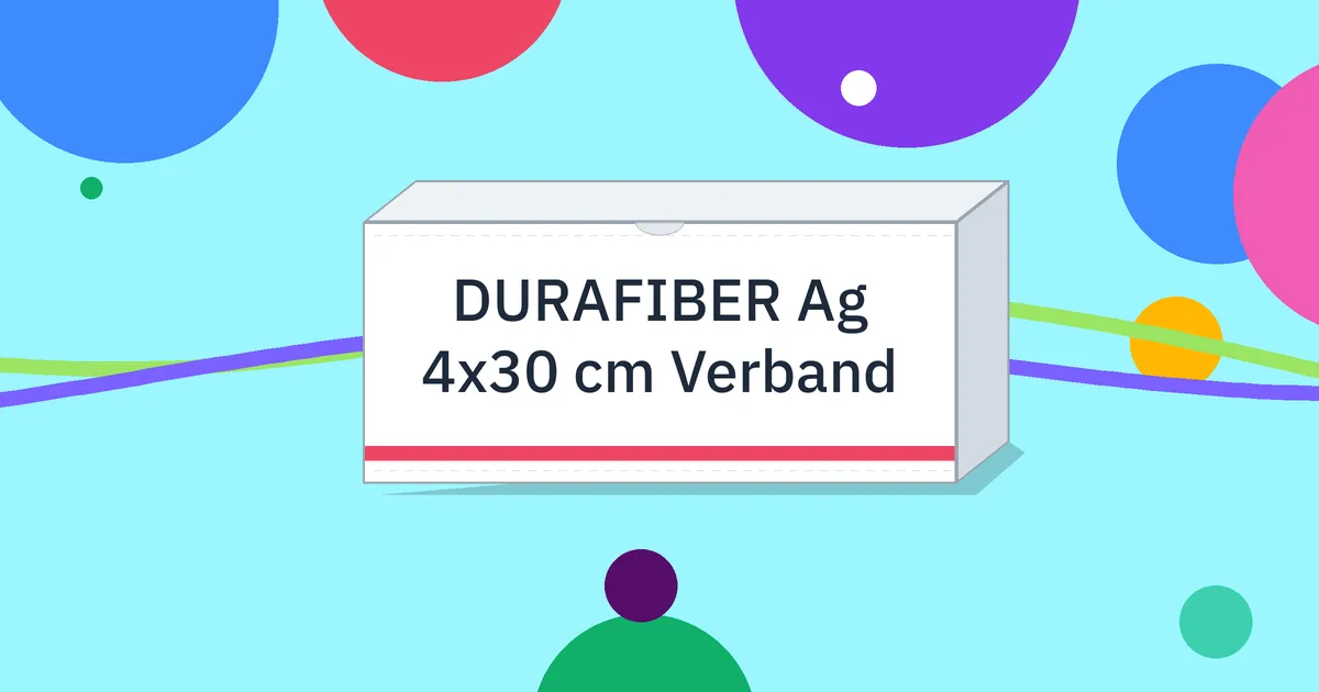 Symbolbild: Packung mit der Aufschrift DURAFIBER Ag 4x30 cm Verband (PZN 03426343) – Verfügbarkeit und Bezug in Apotheken in Frankfurt am Main