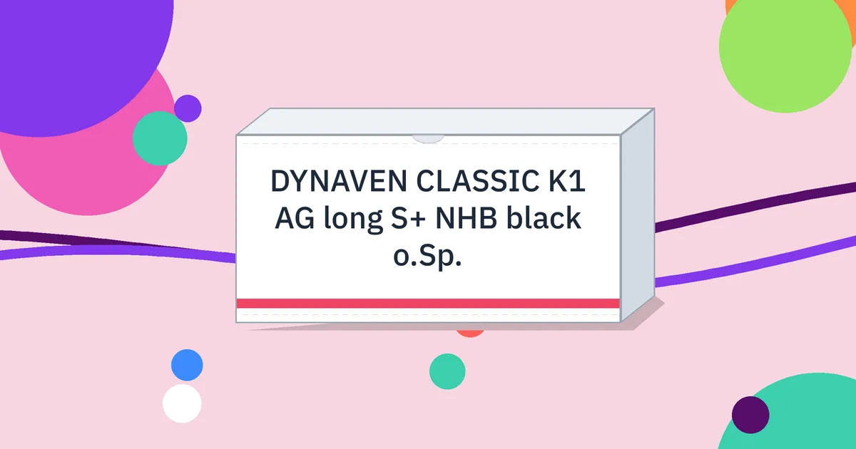 Symbolbild: Packung mit der Aufschrift DYNAVEN CLASSIC K1 AG long S+ NHB black o.Sp. (PZN 18415405) – Verfügbarkeit und Bezug in Apotheken in Frankfurt am Main