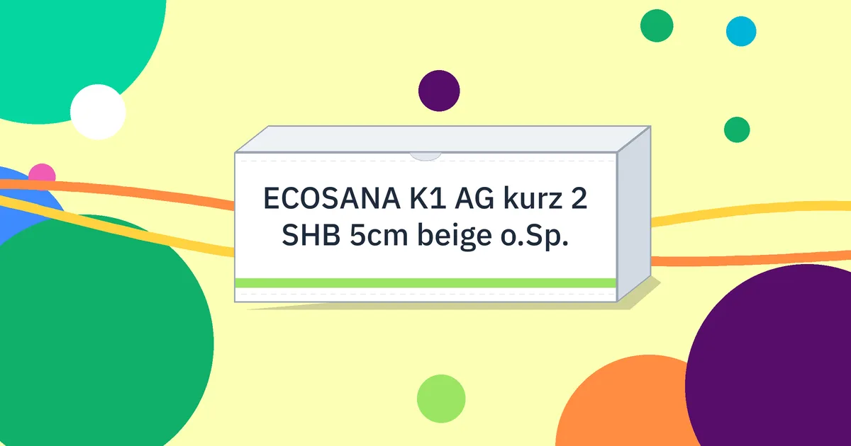 Symbolbild: Packung mit der Aufschrift ECOSANA K1 AG kurz 2 SHB 5cm beige o.Sp. (PZN 04726716) – Verfügbarkeit und Bezug in Apotheken in Frankfurt am Main