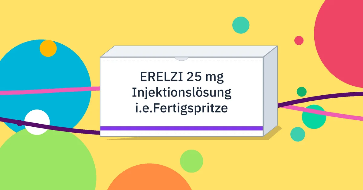 Symbolbild: Packung mit der Aufschrift ERELZI 25 mg Injektionslösung i.e.Fertigspritze (PZN 11594327) – Verfügbarkeit und Bezug in Apotheken in Frankfurt am Main