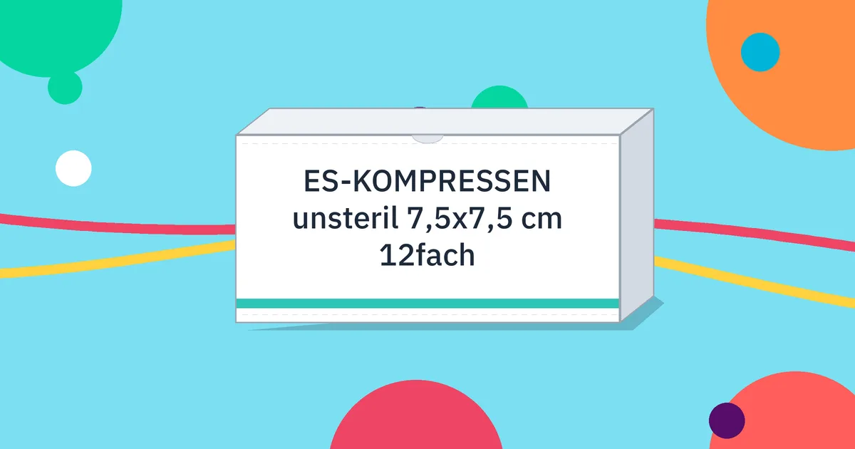 Symbolbild: Packung mit der Aufschrift ES-KOMPRESSEN unsteril 7,5x7,5 cm 12fach (PZN 18459242) – Verfügbarkeit und Bezug in Apotheken in Frankfurt am Main