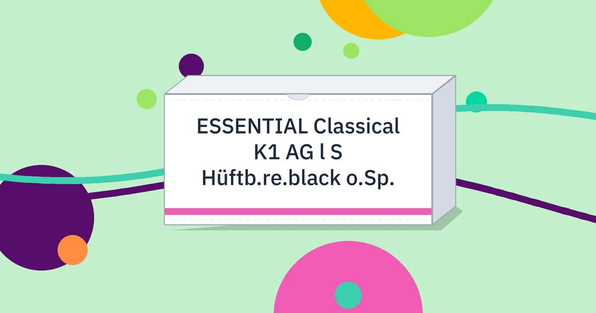 Symbolbild: Packung mit der Aufschrift ESSENTIAL Classical K1 AG l S Hüftb.re.black o.Sp. (PZN 17013432) – Verfügbarkeit und Bezug in Apotheken in Frankfurt am Main
