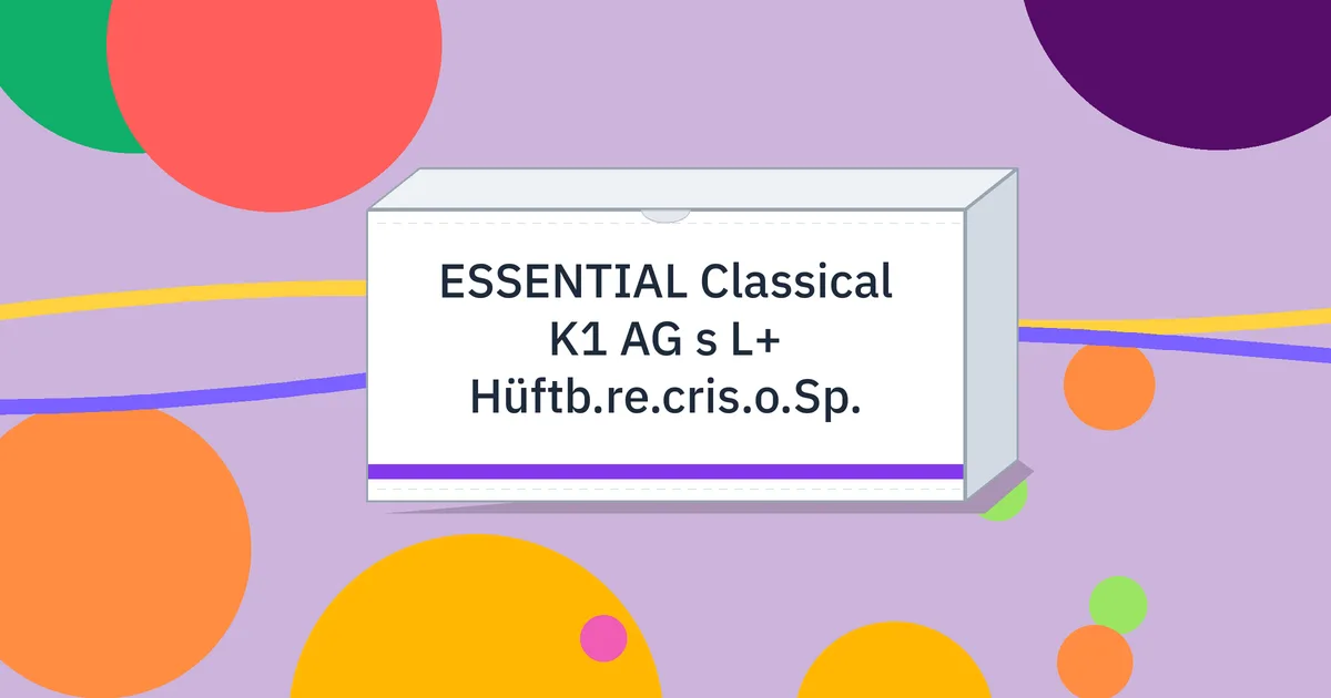 Symbolbild: Packung mit der Aufschrift ESSENTIAL Classical K1 AG s L+ Hüftb.re.cris.o.Sp. (PZN 17012361) – Verfügbarkeit und Bezug in Apotheken in Frankfurt am Main