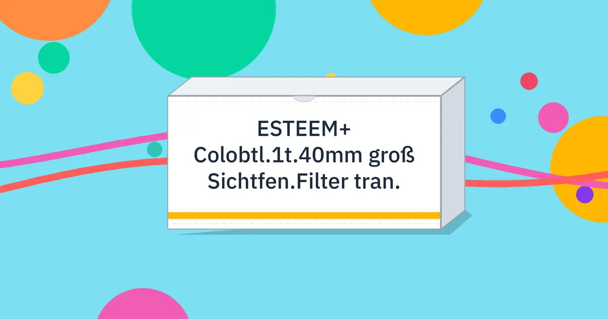 Symbolbild: Packung mit der Aufschrift ESTEEM+ Colobtl.1t.40mm groß Sichtfen.Filter tran. (PZN 13233220) – Verfügbarkeit und Bezug in Apotheken in Frankfurt am Main