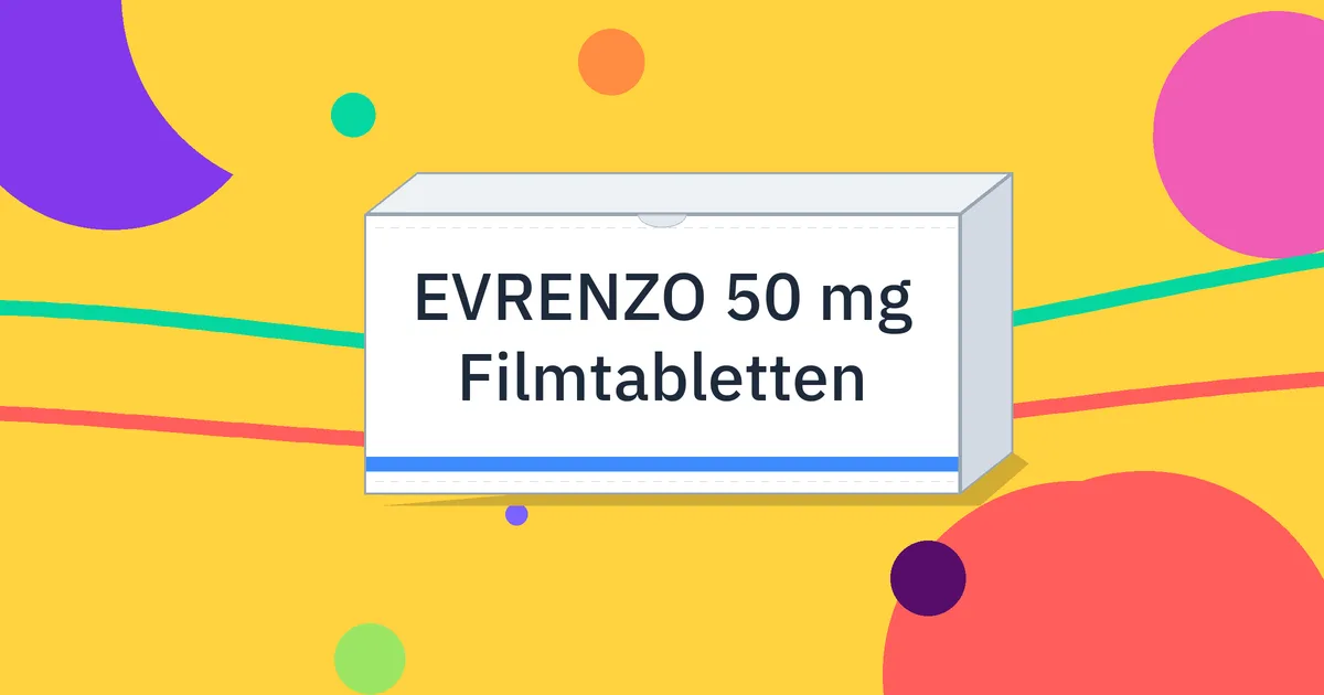 Symbolbild: Packung mit der Aufschrift EVRENZO 50 mg Filmtabletten (PZN 20589779) – Verfügbarkeit und Bezug in Apotheken in Frankfurt am Main