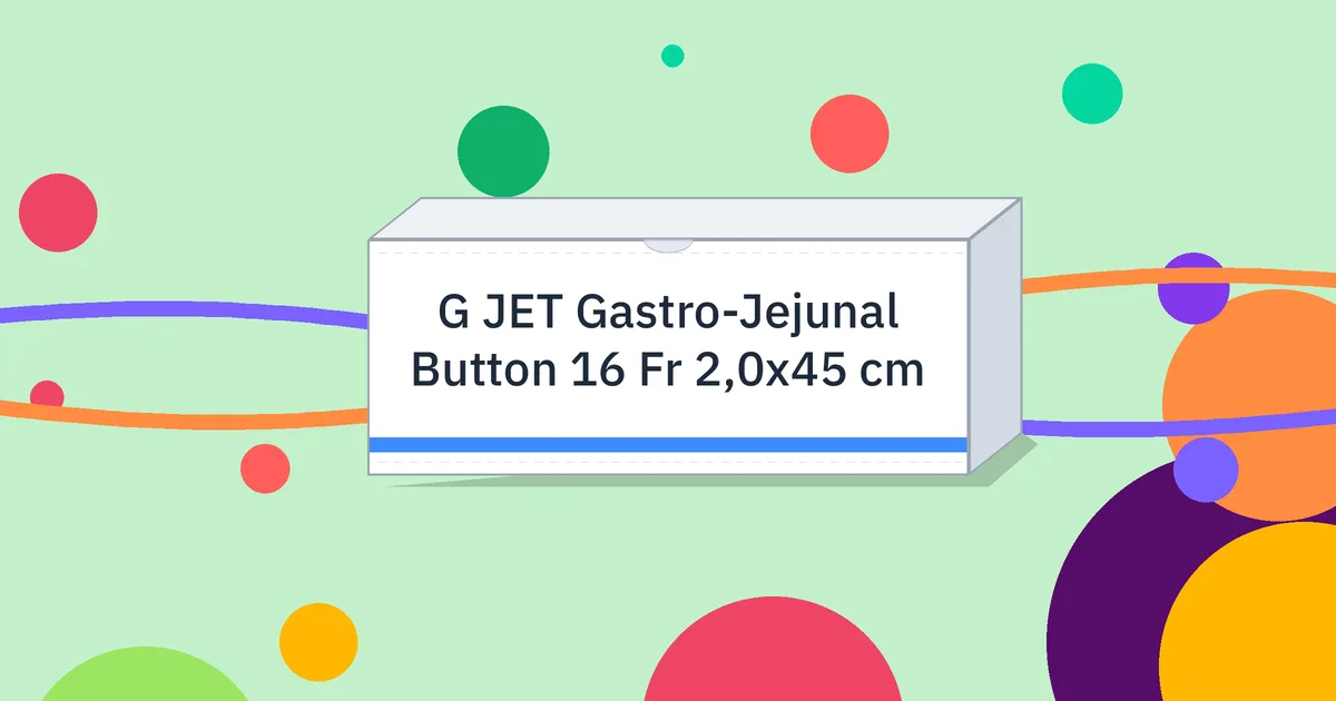 Symbolbild: Packung mit der Aufschrift G JET Gastro-Jejunal Button 16 Fr 2,0x45 cm (PZN 14346877) – Verfügbarkeit und Bezug in Apotheken in Frankfurt am Main