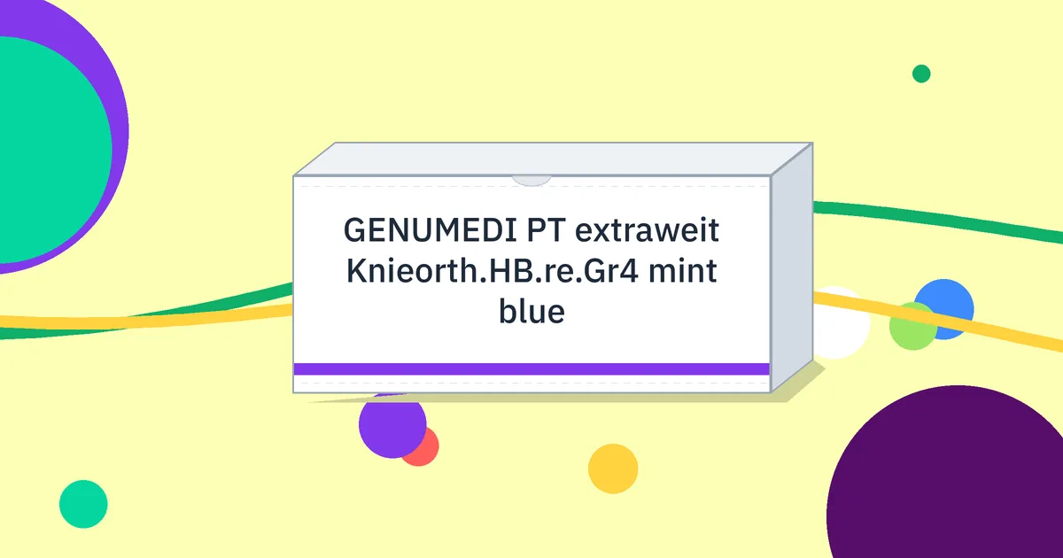 Symbolbild: Packung mit der Aufschrift GENUMEDI PT extraweit Knieorth.HB.re.Gr4 mint blue (PZN 17982705) – Verfügbarkeit und Bezug in Apotheken in Frankfurt am Main