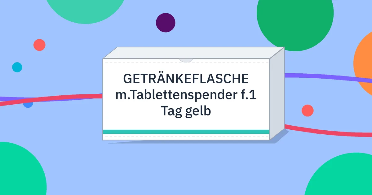 Symbolbild: Packung mit der Aufschrift GETRÄNKEFLASCHE m.Tablettenspender f.1 Tag gelb (PZN 17278610) – Verfügbarkeit und Bezug in Apotheken in Frankfurt am Main