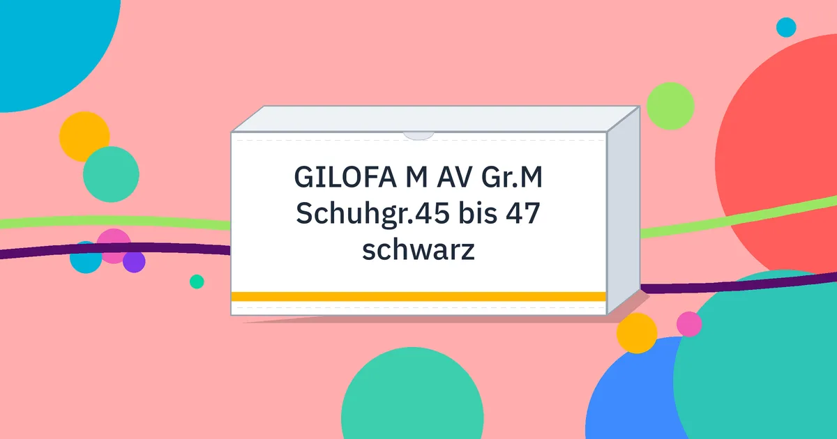 Symbolbild: Packung mit der Aufschrift GILOFA M AV Gr.M Schuhgr.45 bis 47 schwarz (PZN 16726377) – Verfügbarkeit und Bezug in Apotheken in Frankfurt am Main