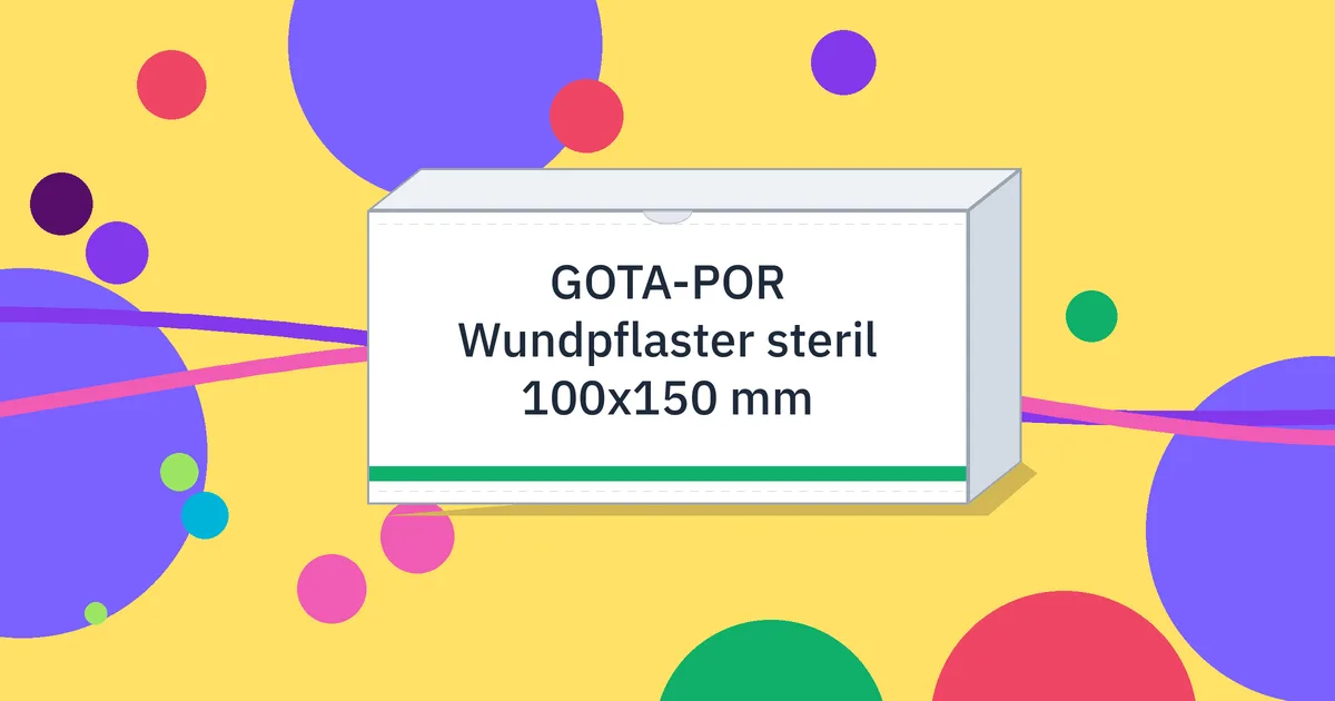 Symbolbild: Packung mit der Aufschrift GOTA-POR Wundpflaster steril 100x150 mm (PZN 04473646) – Verfügbarkeit und Bezug in Apotheken in Frankfurt am Main