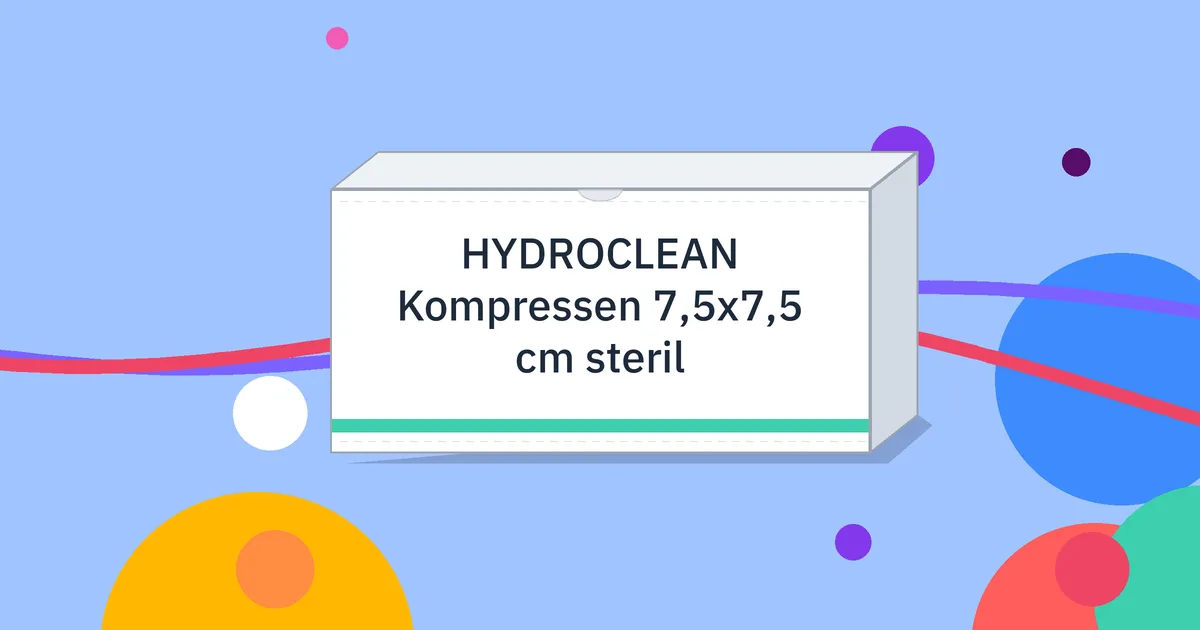 Symbolbild: Packung mit der Aufschrift HYDROCLEAN Kompressen 7,5x7,5 cm steril (PZN 18127557) – Verfügbarkeit und Bezug in Apotheken in Frankfurt am Main