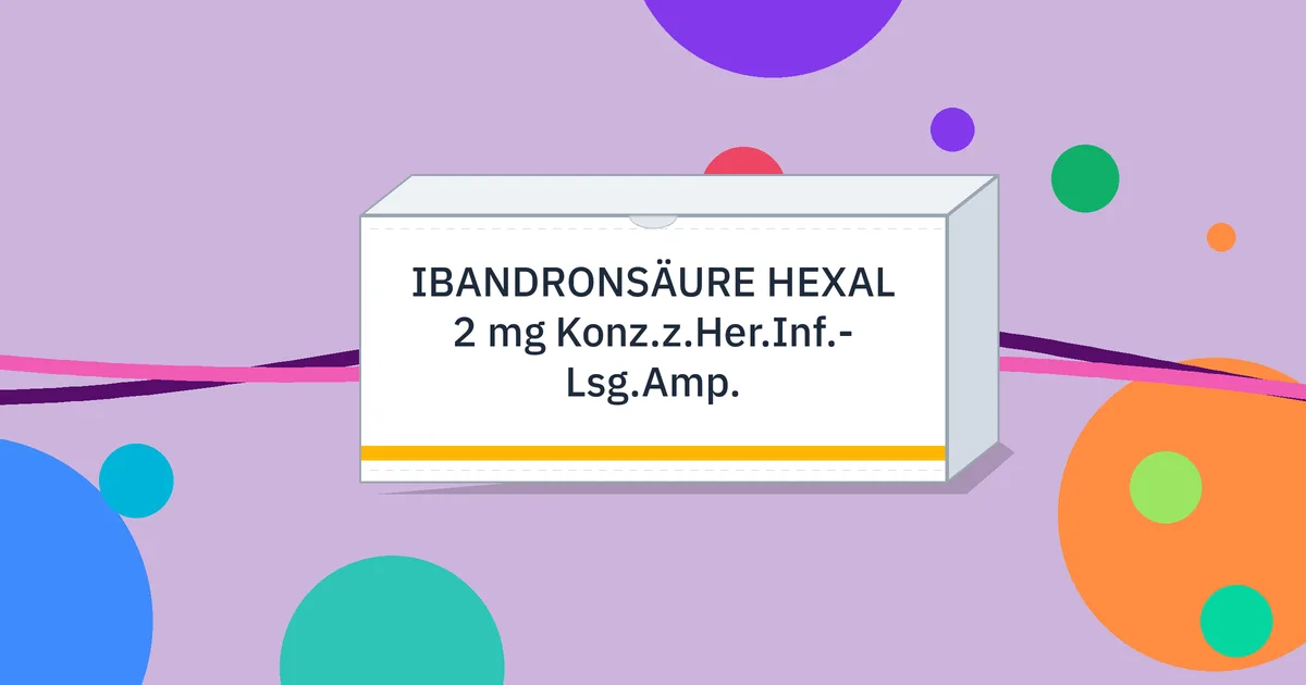 Symbolbild: Packung mit der Aufschrift IBANDRONSÄURE HEXAL 2 mg Konz.z.Her.Inf.-Lsg.Amp. (PZN 08480815) – Verfügbarkeit und Bezug in Apotheken in Frankfurt am Main