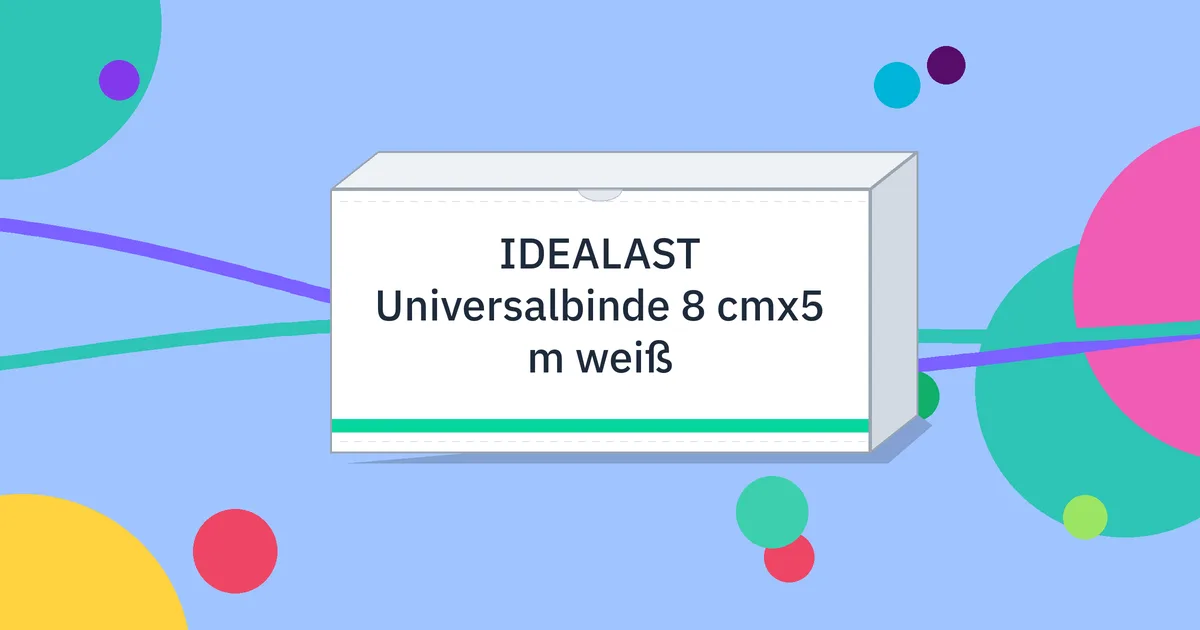 Symbolbild: Packung mit der Aufschrift IDEALAST Universalbinde 8 cmx5 m weiß (PZN 18117168) – Verfügbarkeit und Bezug in Apotheken in Frankfurt am Main