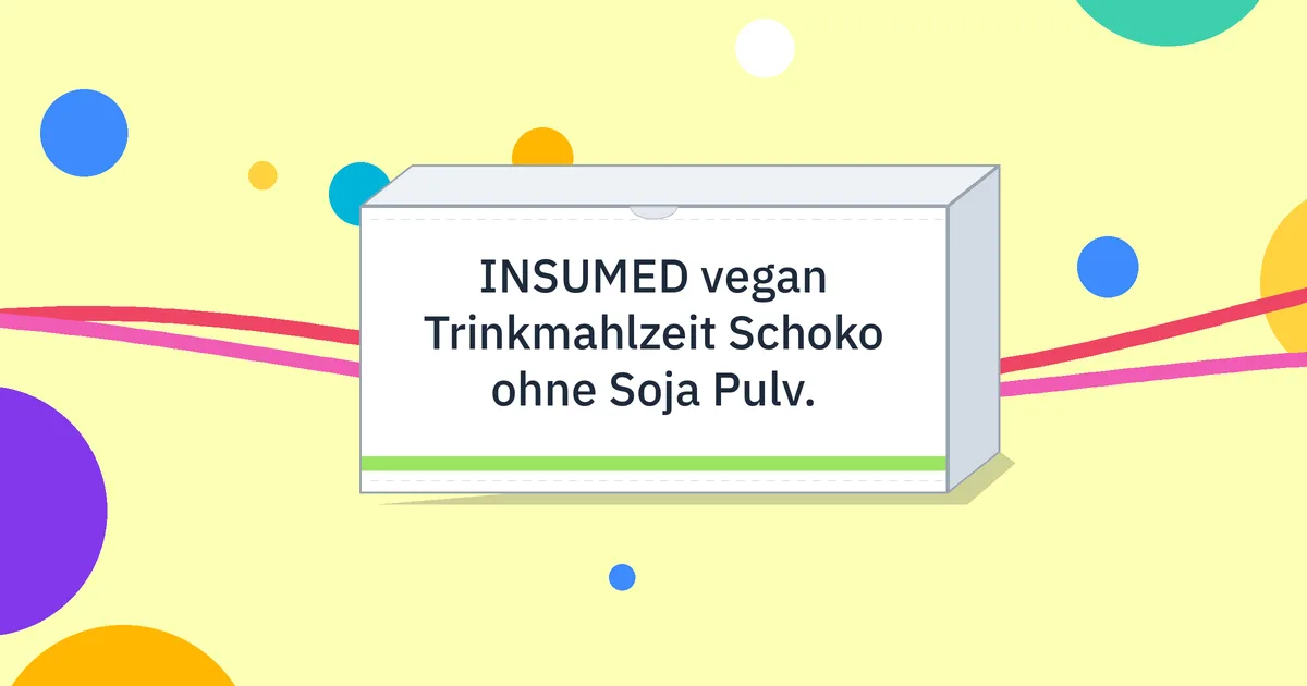 Symbolbild: Packung mit der Aufschrift INSUMED vegan Trinkmahlzeit Schoko ohne Soja Pulv. (PZN 19734271) – Verfügbarkeit und Bezug in Apotheken in Frankfurt am Main