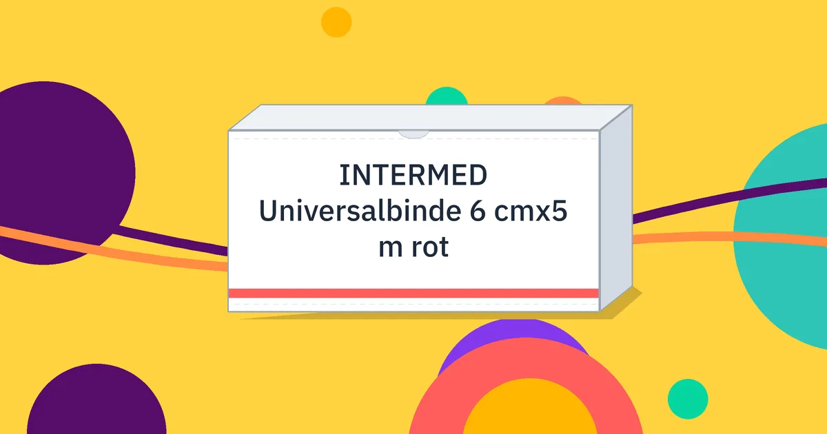 Symbolbild: Packung mit der Aufschrift INTERMED Universalbinde 6 cmx5 m rot (PZN 02559585) – Verfügbarkeit und Bezug in Apotheken in Frankfurt am Main