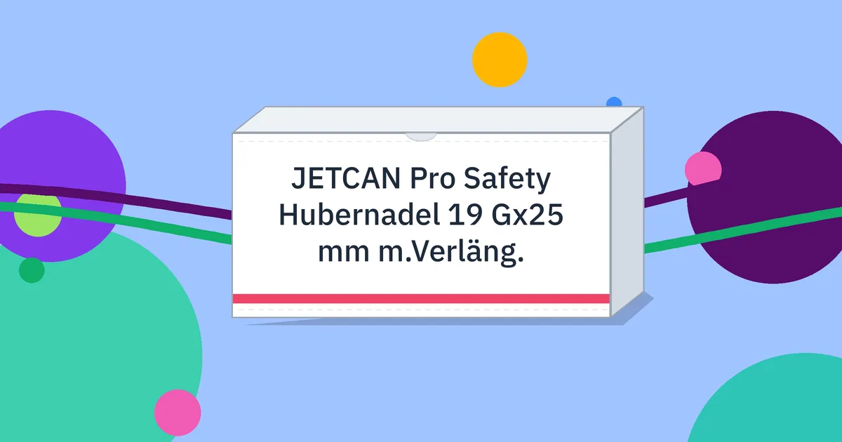 Symbolbild: Packung mit der Aufschrift JETCAN Pro Safety Hubernadel 19 Gx25 mm m.Verläng. (PZN 19728448) – Verfügbarkeit und Bezug in Apotheken in Frankfurt am Main