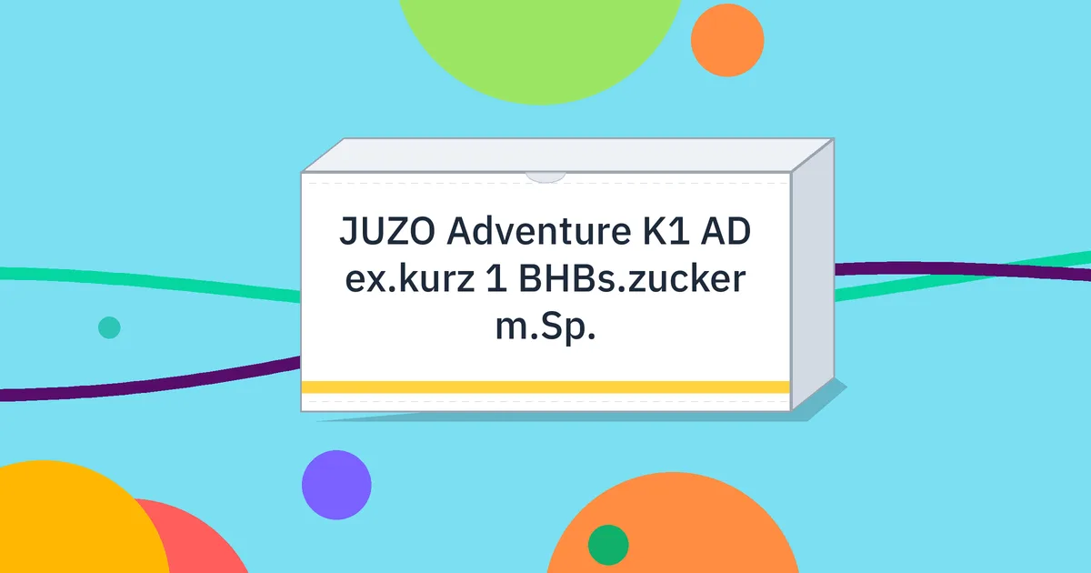 Symbolbild: Packung mit der Aufschrift JUZO Adventure K1 AD ex.kurz 1 BHBs.zucker m.Sp. (PZN 16343067) – Verfügbarkeit und Bezug in Apotheken in Frankfurt am Main