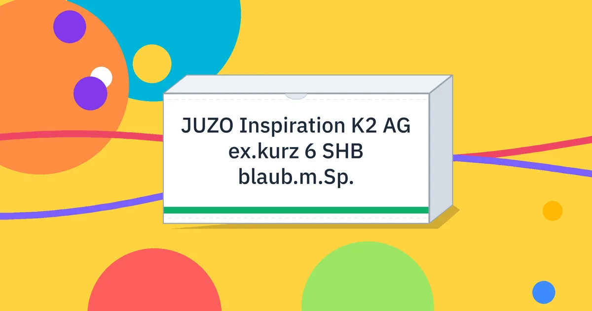 Symbolbild: Packung mit der Aufschrift JUZO Inspiration K2 AG ex.kurz 6 SHB blaub.m.Sp. (PZN 14965132) – Verfügbarkeit und Bezug in Apotheken in Frankfurt am Main