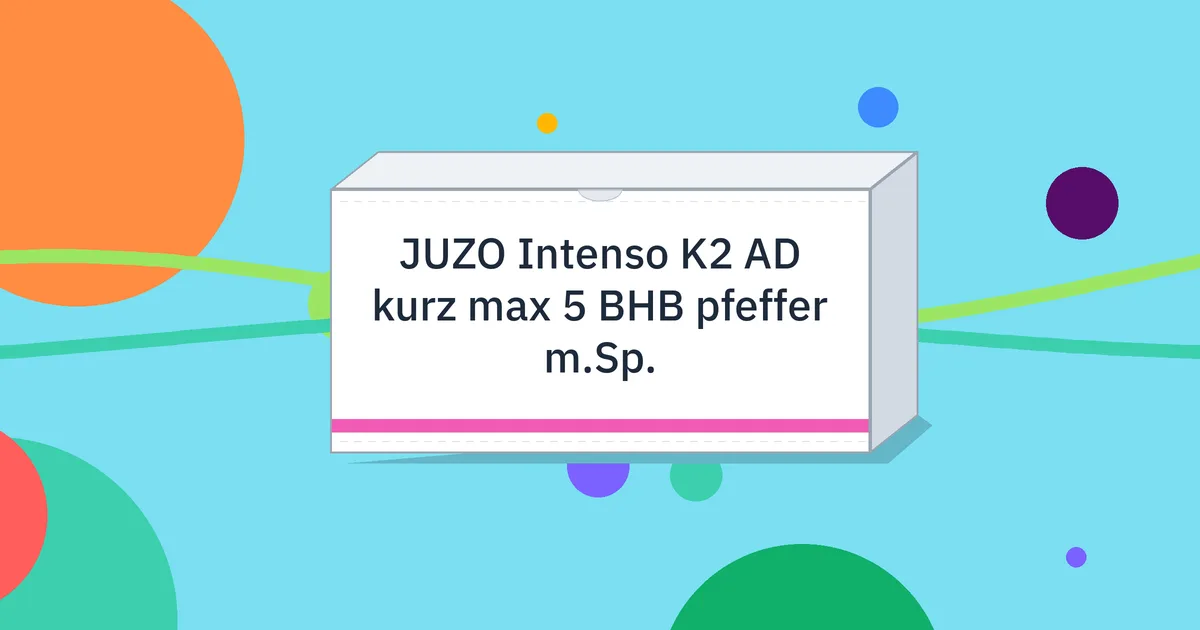 Symbolbild: Packung mit der Aufschrift JUZO Intenso K2 AD kurz max 5 BHB pfeffer m.Sp. (PZN 18615541) – Verfügbarkeit und Bezug in Apotheken in Frankfurt am Main